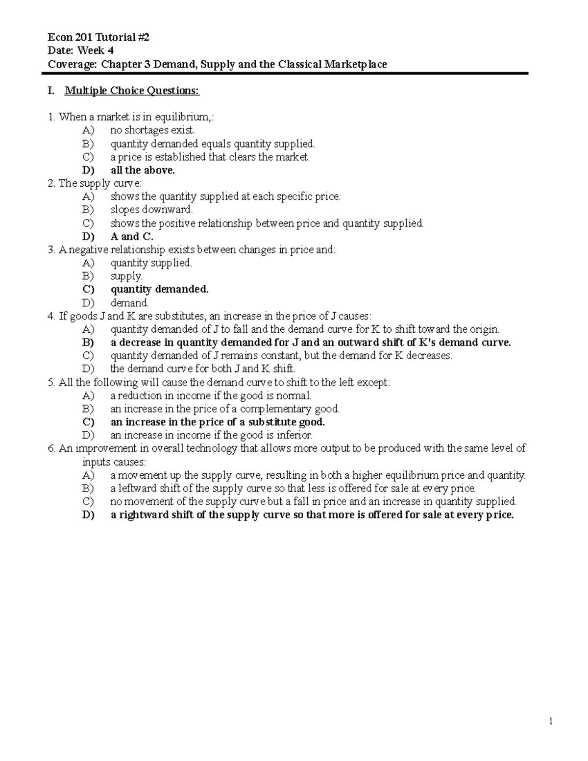 201 tutorial answers 2 - Econ 201 Tutorial # Date: Week 4 Coverage: Chapter 3 Demand, Supply and ...
