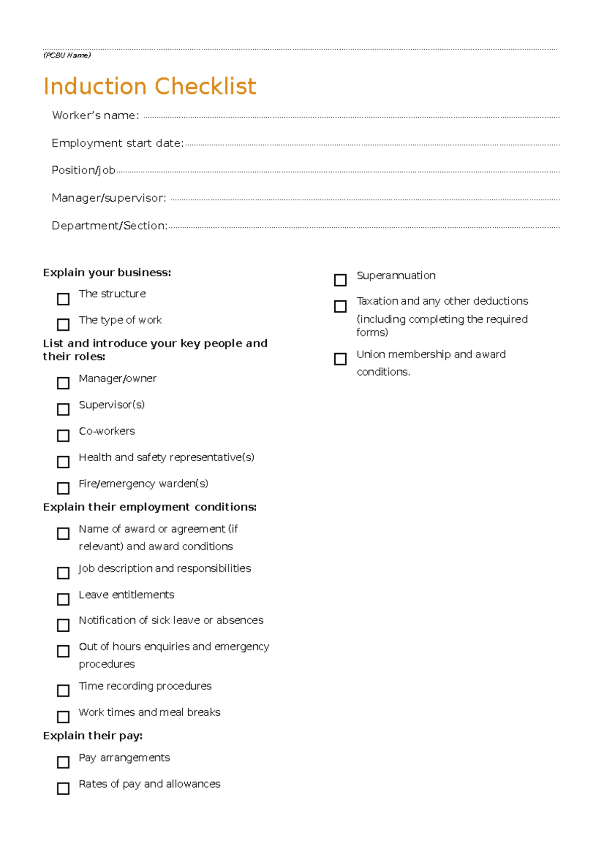 Sample-checklist Induction - - Studocu