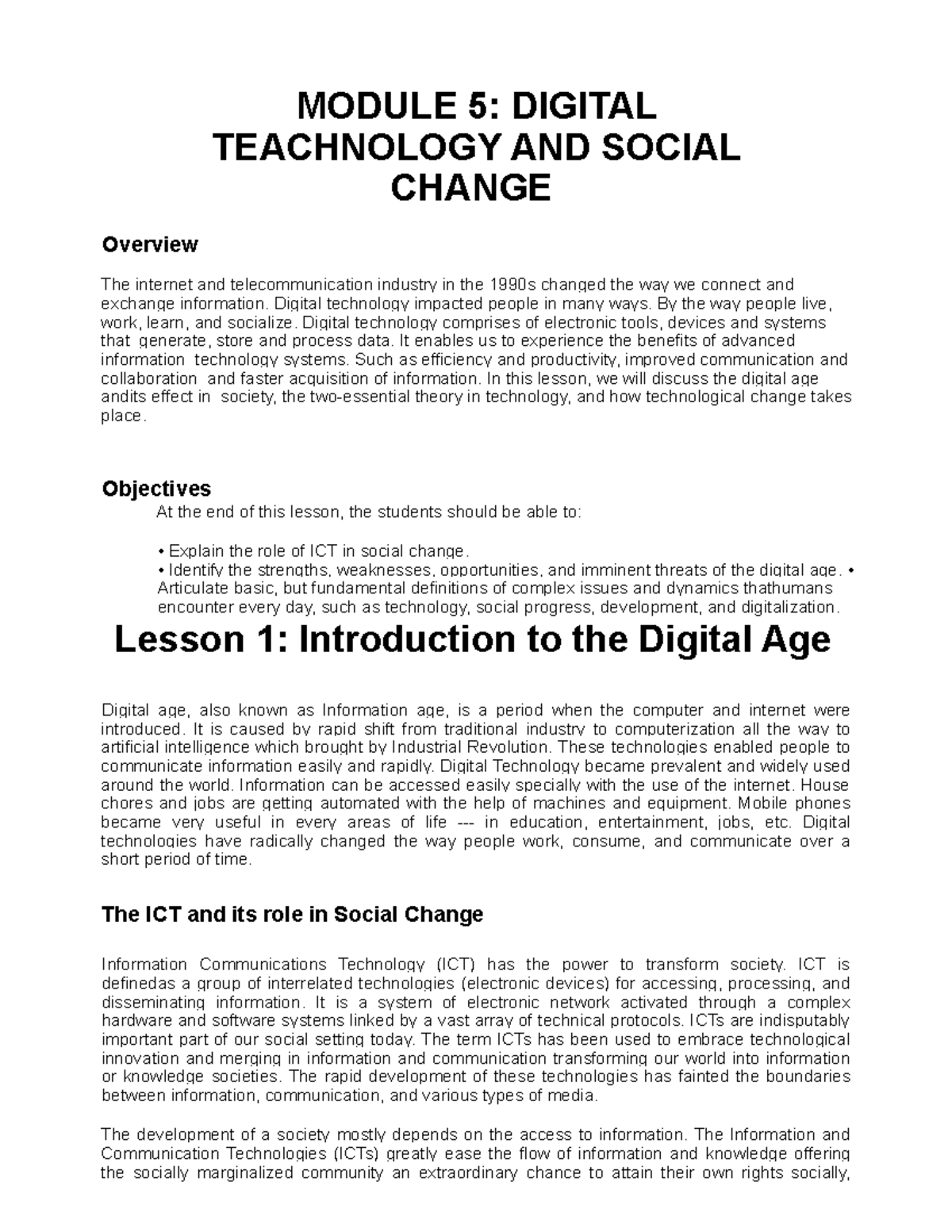 Module 5 Reading Material - MODULE 5: DIGITAL TEACHNOLOGY AND SOCIAL ...