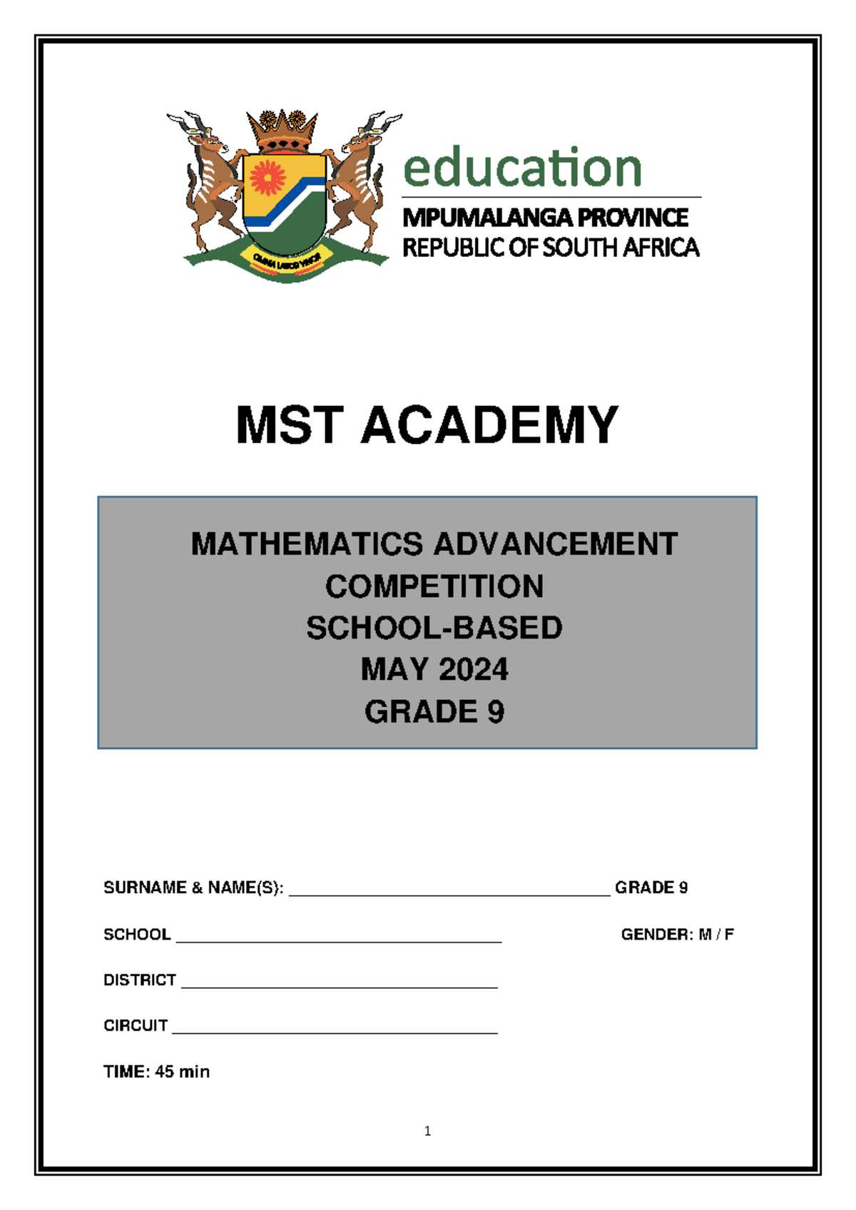 .arch Mathematics Grade 9 QP School Level 2024 - MST ACADEMY SURNAME ...
