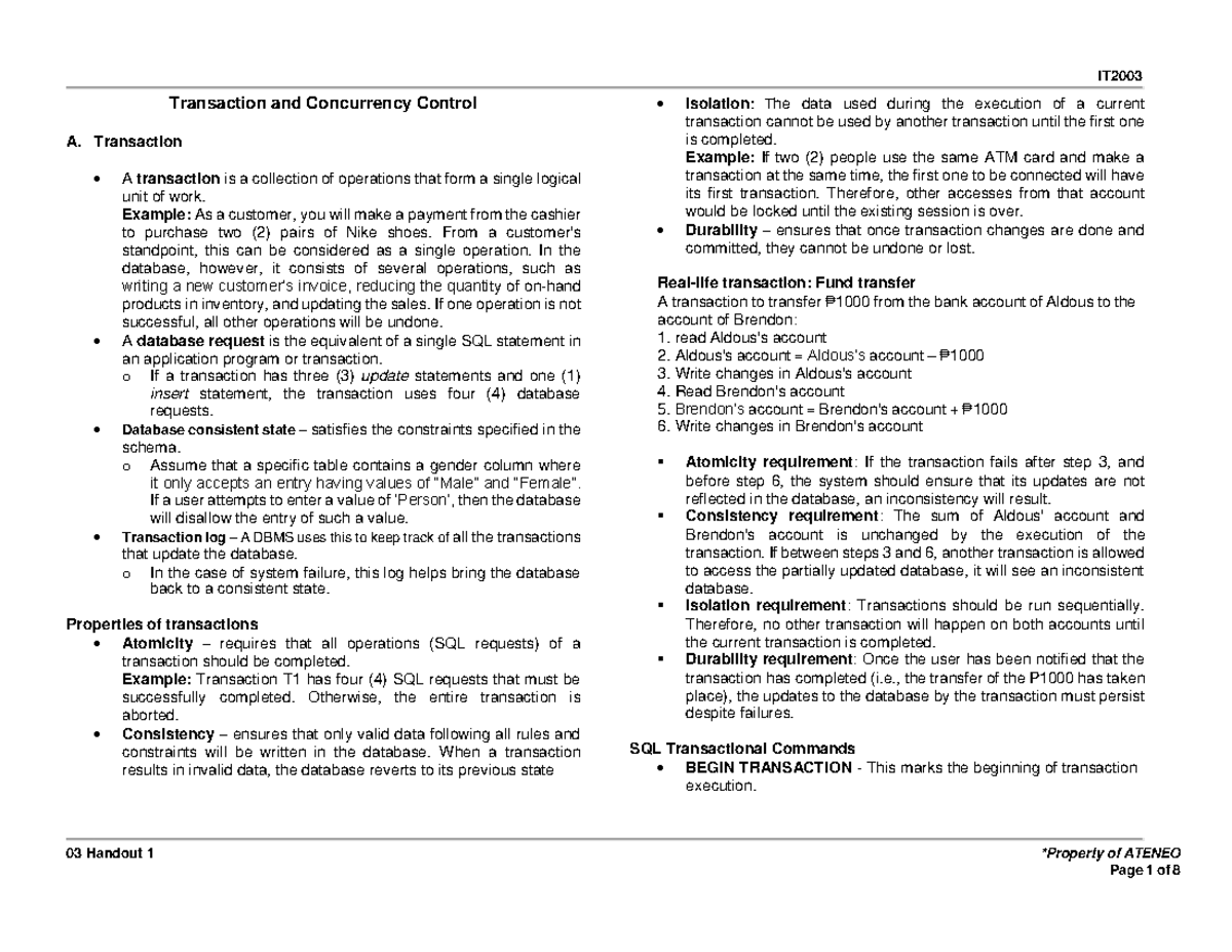 Transaction and Concurrency Control - 03 Handout 1 *Property of ATENEO ...