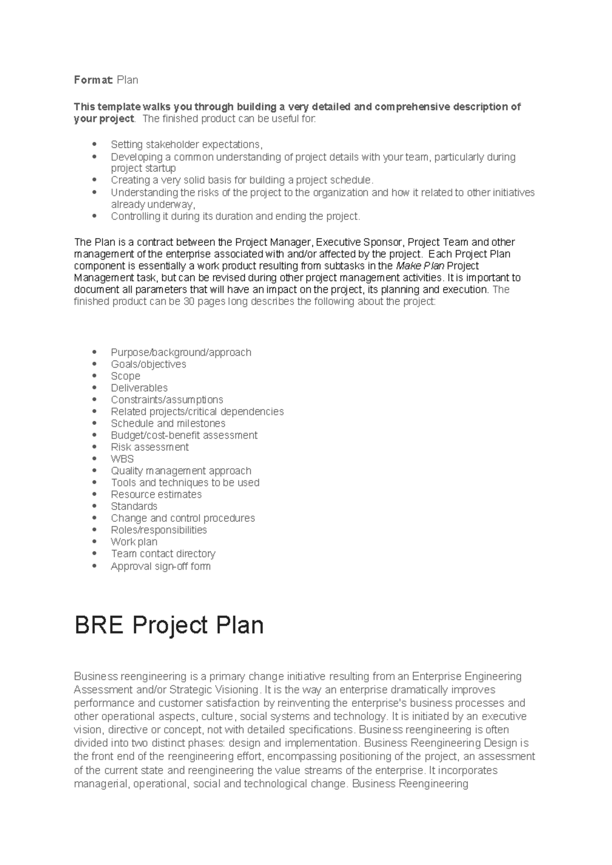 BRE Project Plan - BRE For PM planning - Format: Plan This template ...