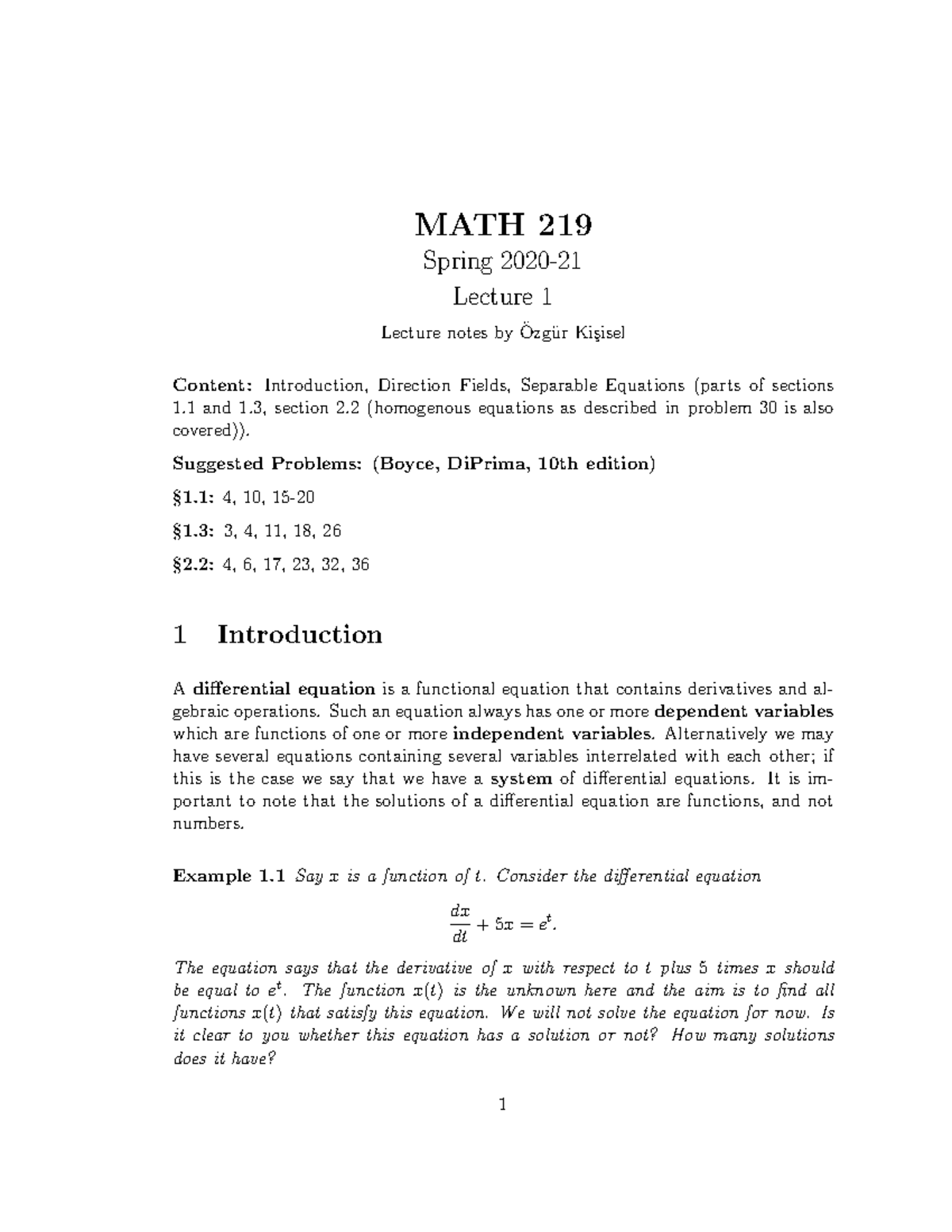 MATH219 Lectures - MATH 219 Spring 2020- Lecture 1 Lecture notes byOzg ...