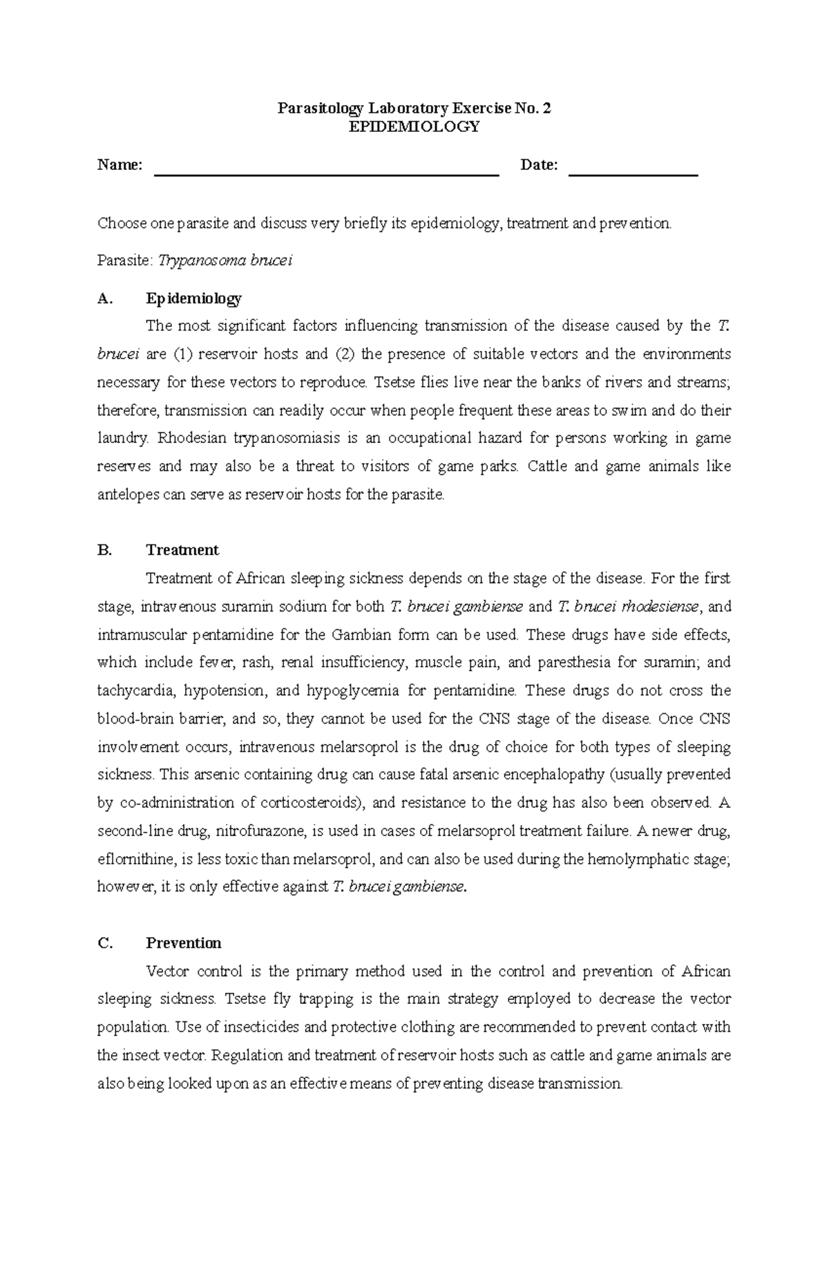 Para Lab Exercise 2 - Parasitology Laboratory Exercise No. 2 ...