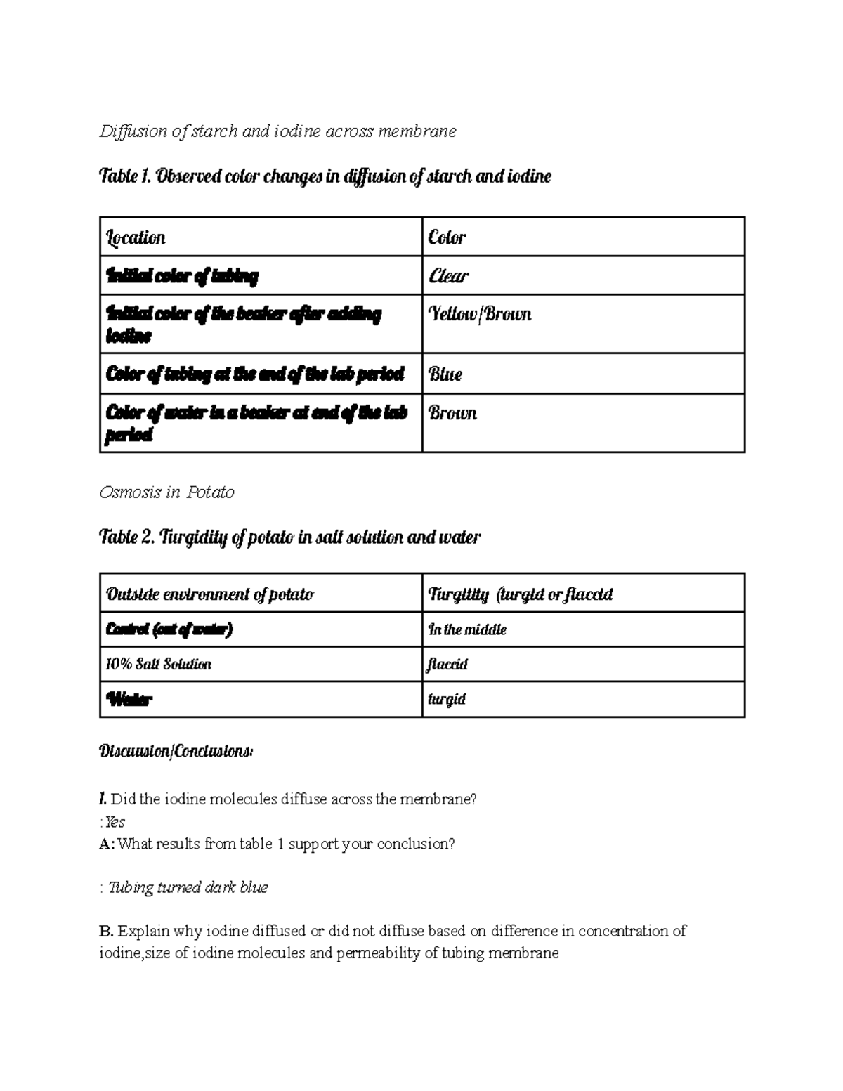 Potato lab - Diffusion of starch and iodine across membrane Tabl 1 ...