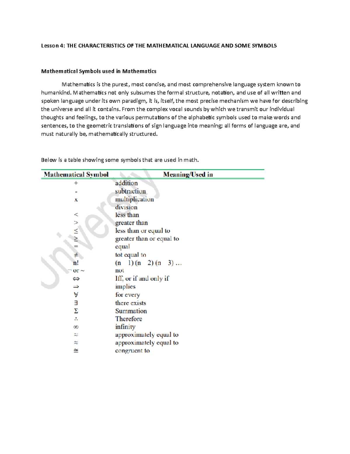 Lesson 4 - Mathematics in Modern World - Lesson 4: THE CHARACTERISTICS ...