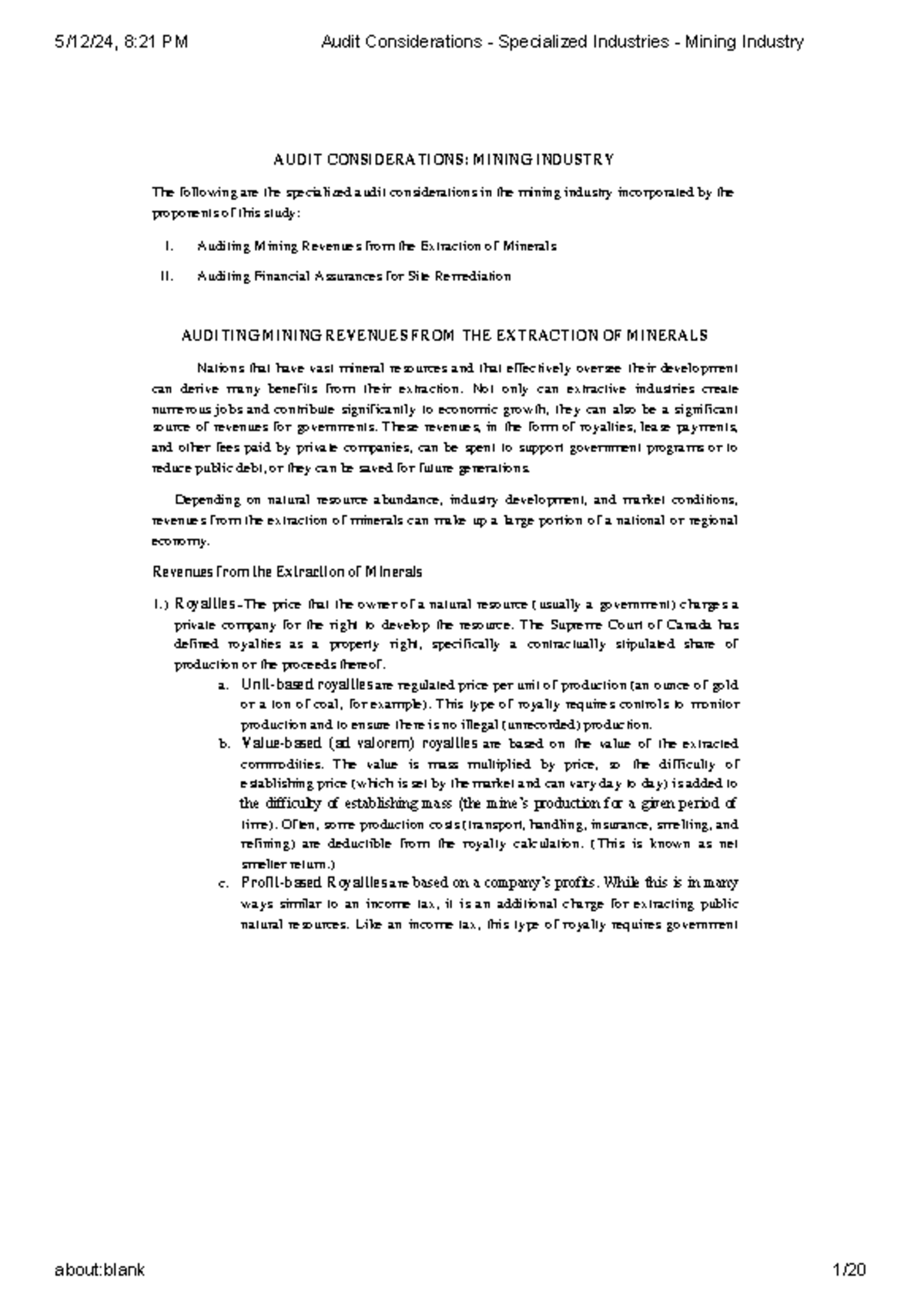 Audit Considerations Specialized Industries Mining Industry - AUDIT ...