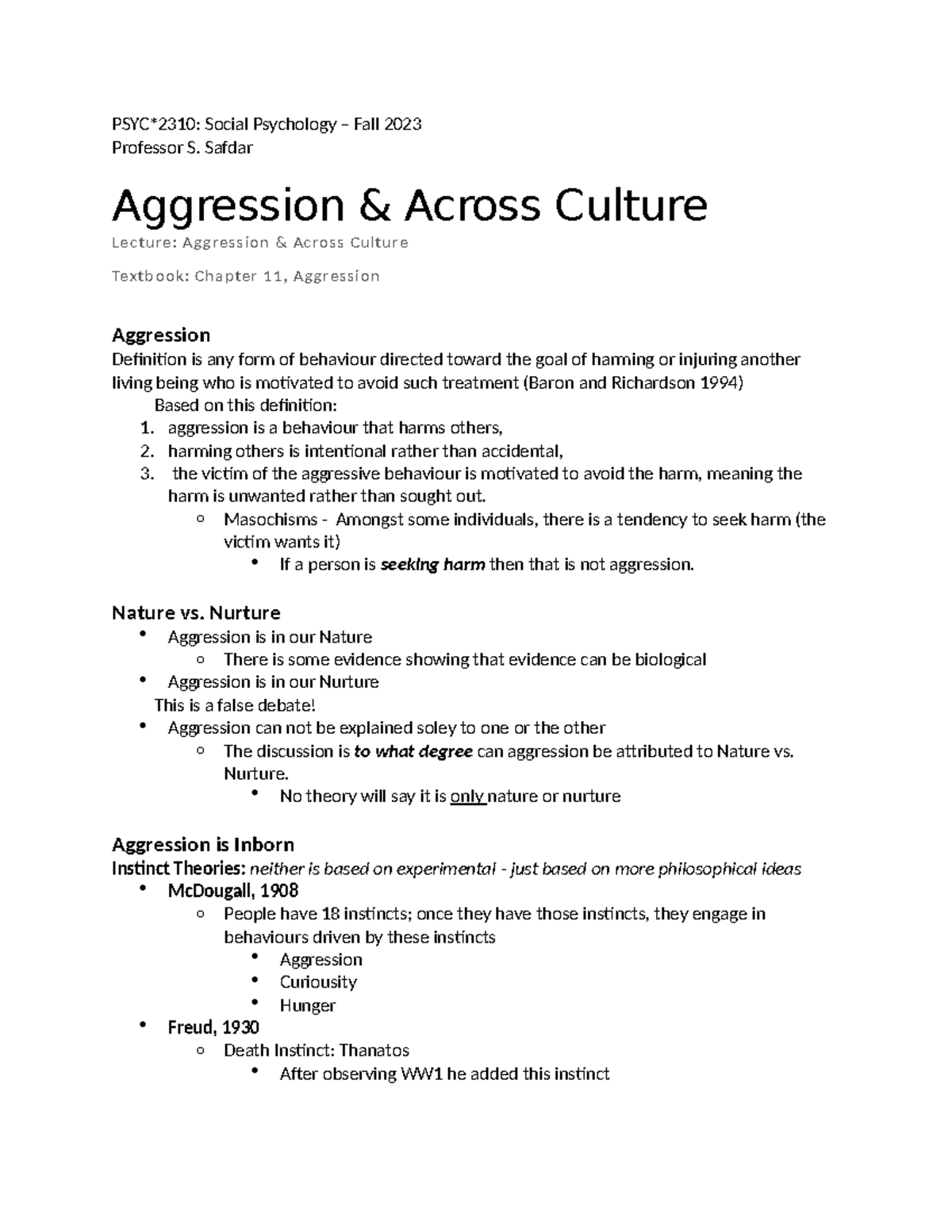 7 - Aggression and across culture aggression - PSYC*2310: Social ...