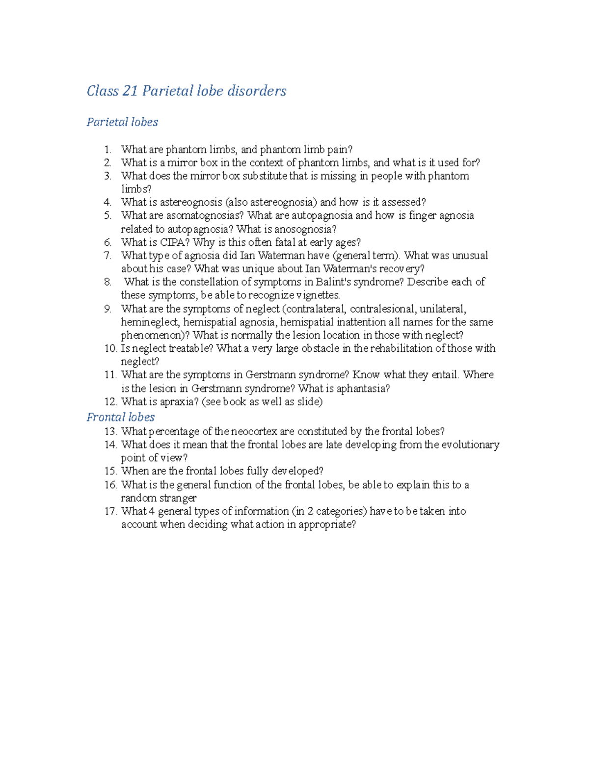 21 Parietal lobe disorders - Class 21 Parietal lobe disorders Parietal ...