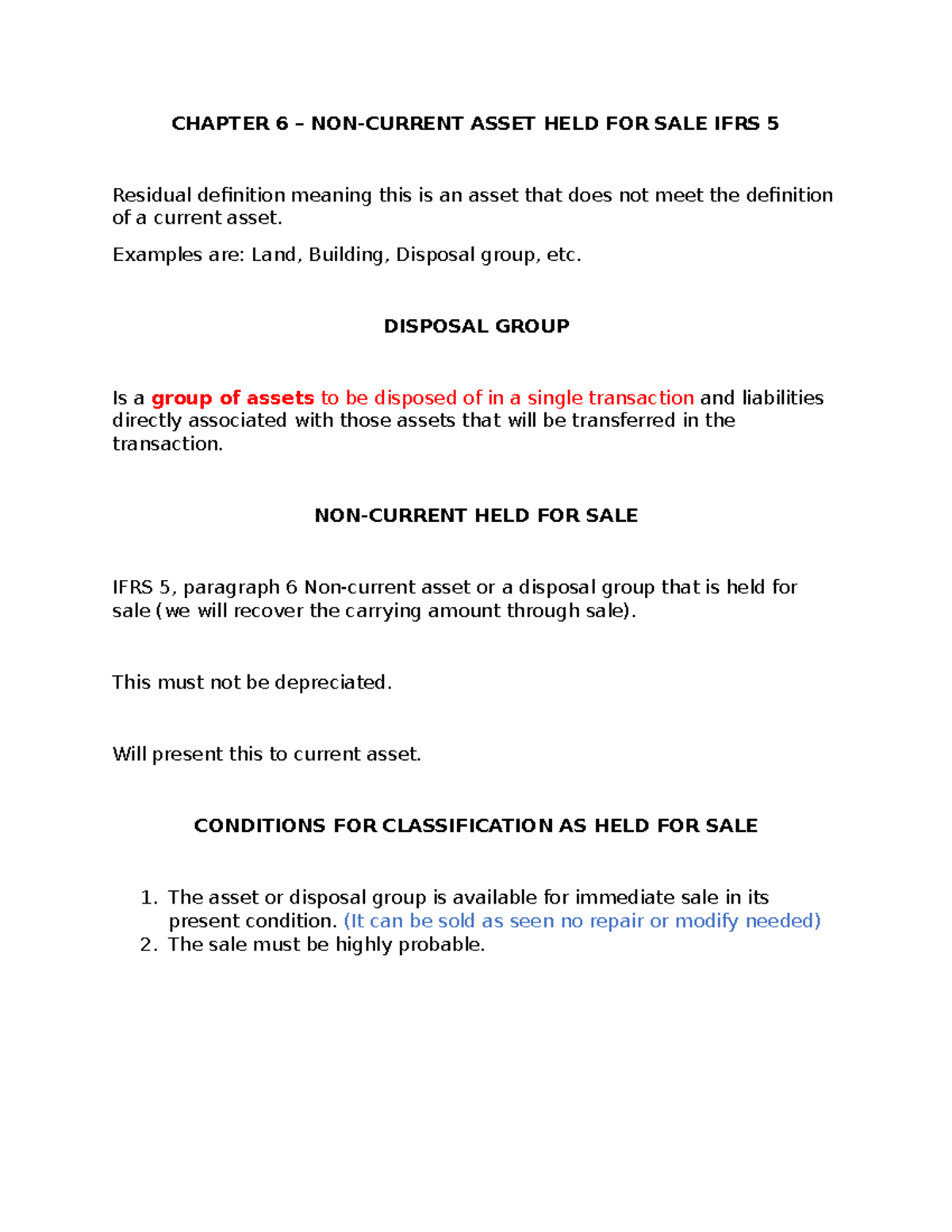 Chapter 6 Ncahfs - Notes - CHAPTER 6 – NON-CURRENT ASSET HELD FOR SALE ...