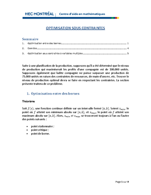 Quelques Exercices Corrigés D Optimisation - QUELQUES EXERCICES CORRIGÉS D’OPTIMISATION EXERCICE ...