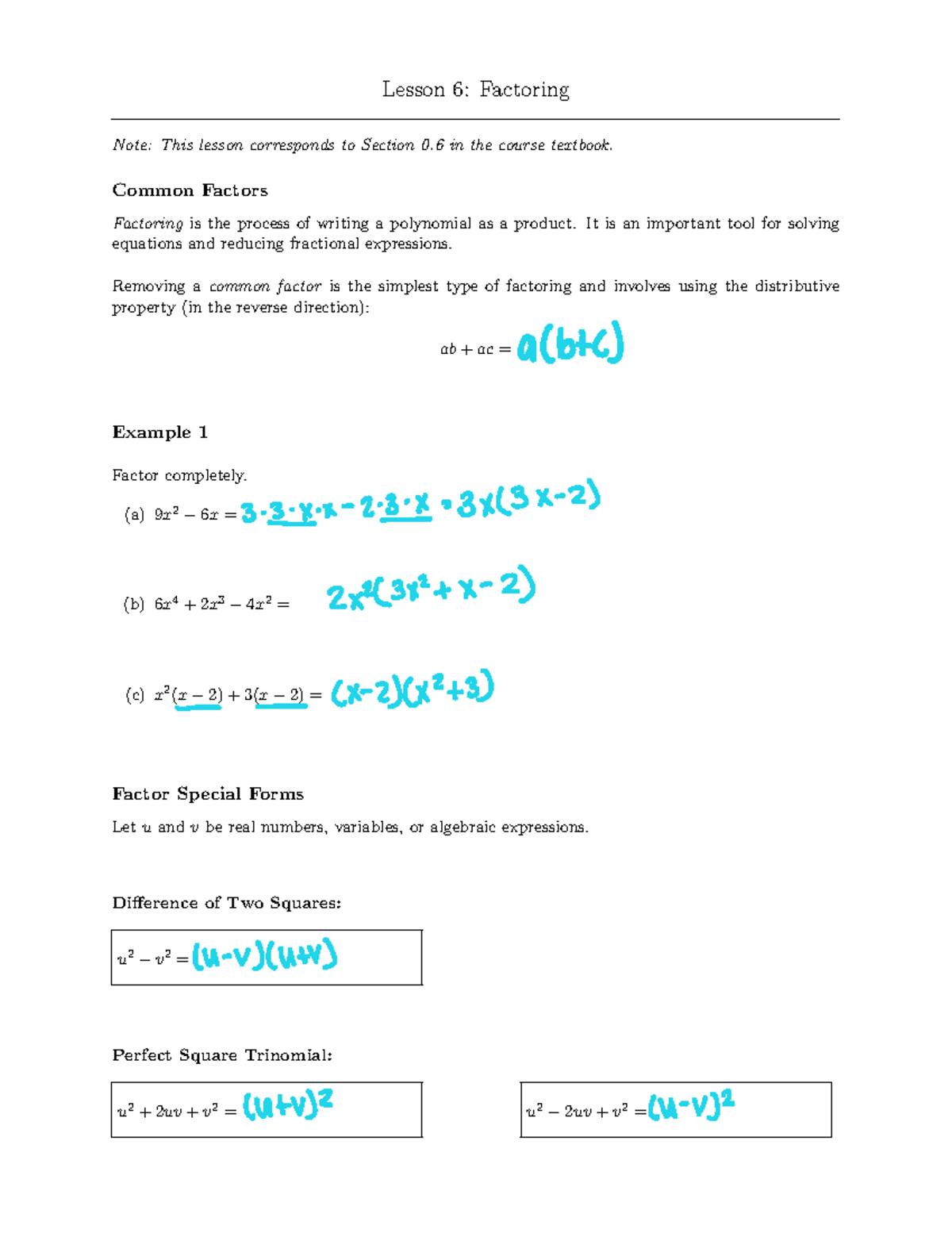 M119 Notes 6 - McClurkin - Lesson 6: Factoring Note: This lesson ...
