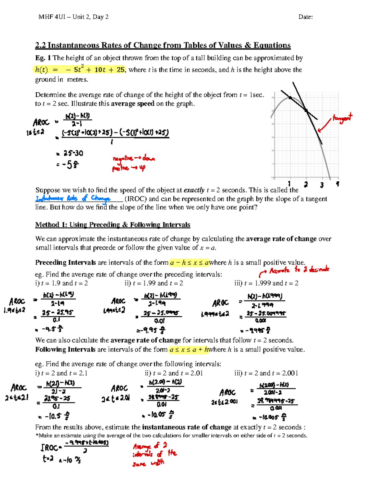 2.2 Instantaneous Rate of Change from Tables - 1 The height of an object thrown from the top of ...