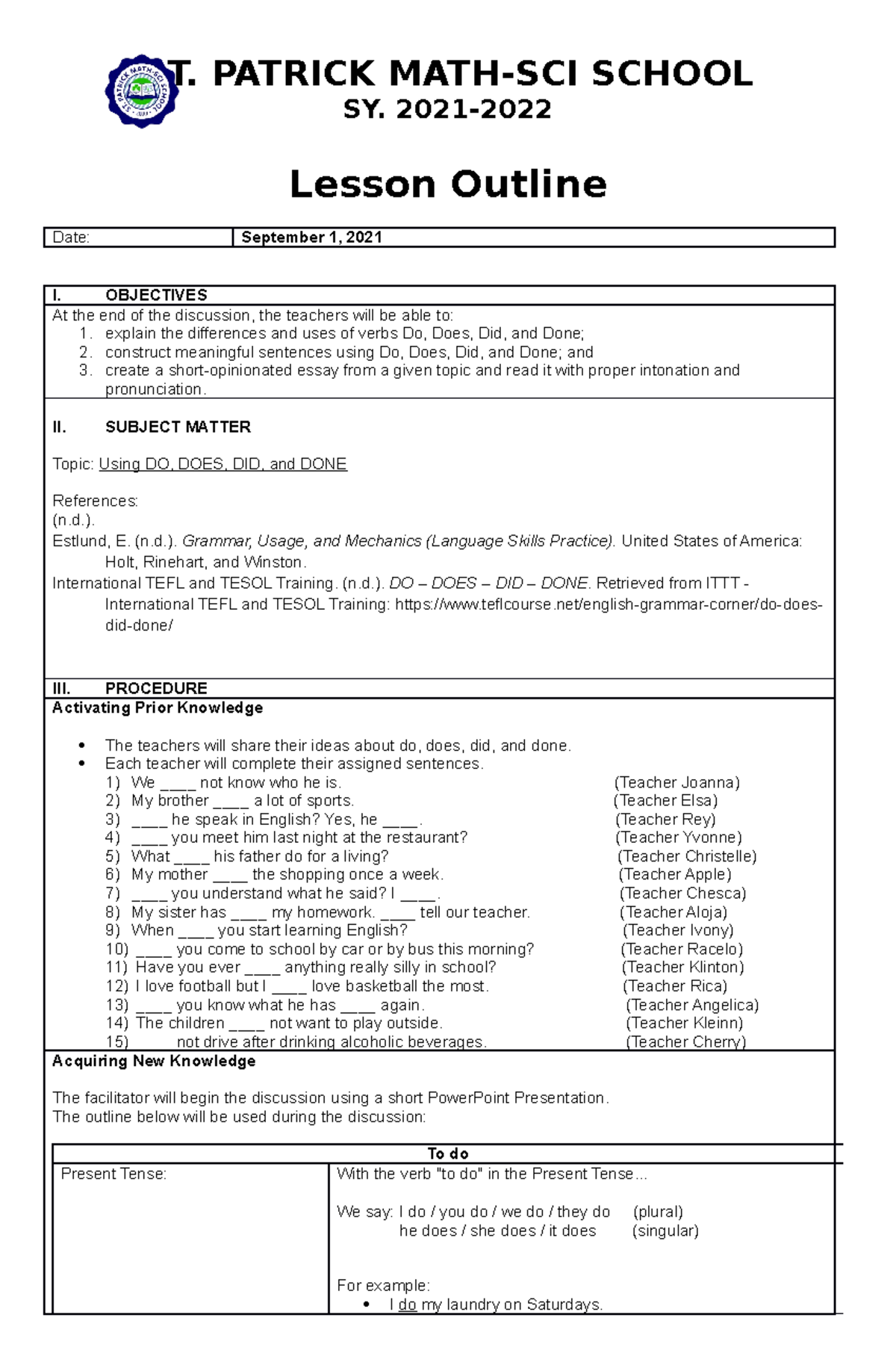 Lesson Outline ( September 1, 2021) - ST. PATRICK MATH-SCI SCHOOL SY ...