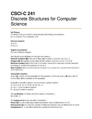 Set Theory 2.1-2.5 - CSCI-C 241 Discrete Structures for Computer Science Set Theory To define a ...
