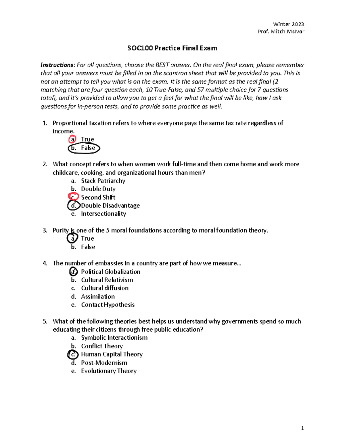 Practice Final Exam - Winter 2023 Prof. Mitch McIvor SOC100 Practice ...