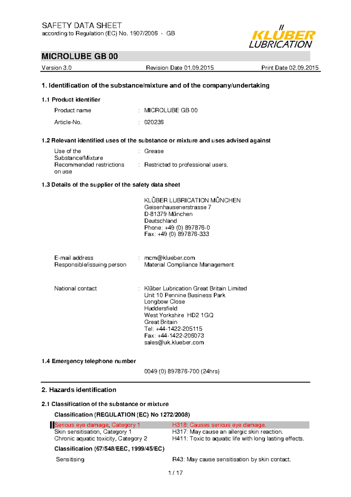 41 - Grasa Microlube GB 00 - according to Regulation (EC) No. 1907/2006 ...