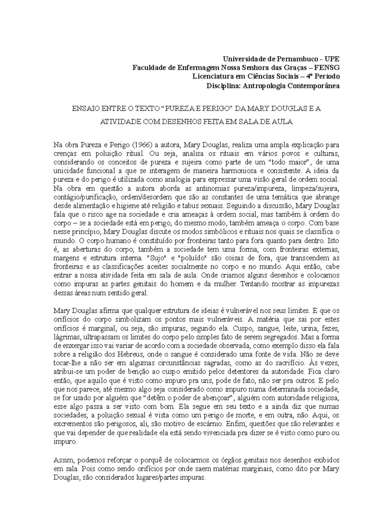 Ensaio Entre O Texto “ Pureza E Perigo” DA MARY Douglas e a Atividade ...