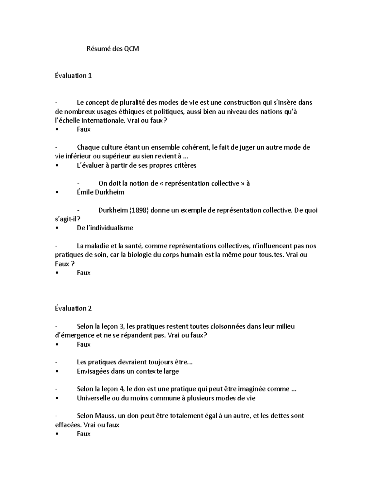 Résumé des QCM - Quizz - Résumé des QCM Évaluation 1 Le concept de ...