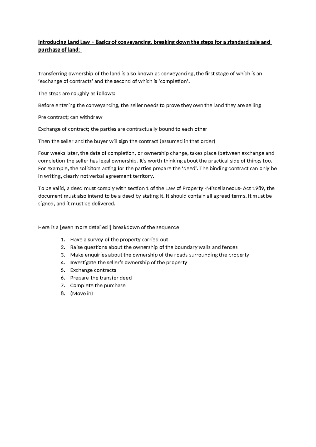 Conveyancing steps for a standard sale and purchase of land ...