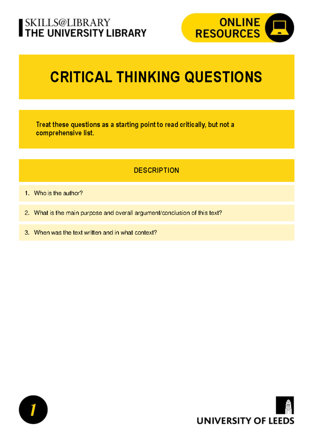 PDF Critical Reading Questions - Treat these questions as a starting ...