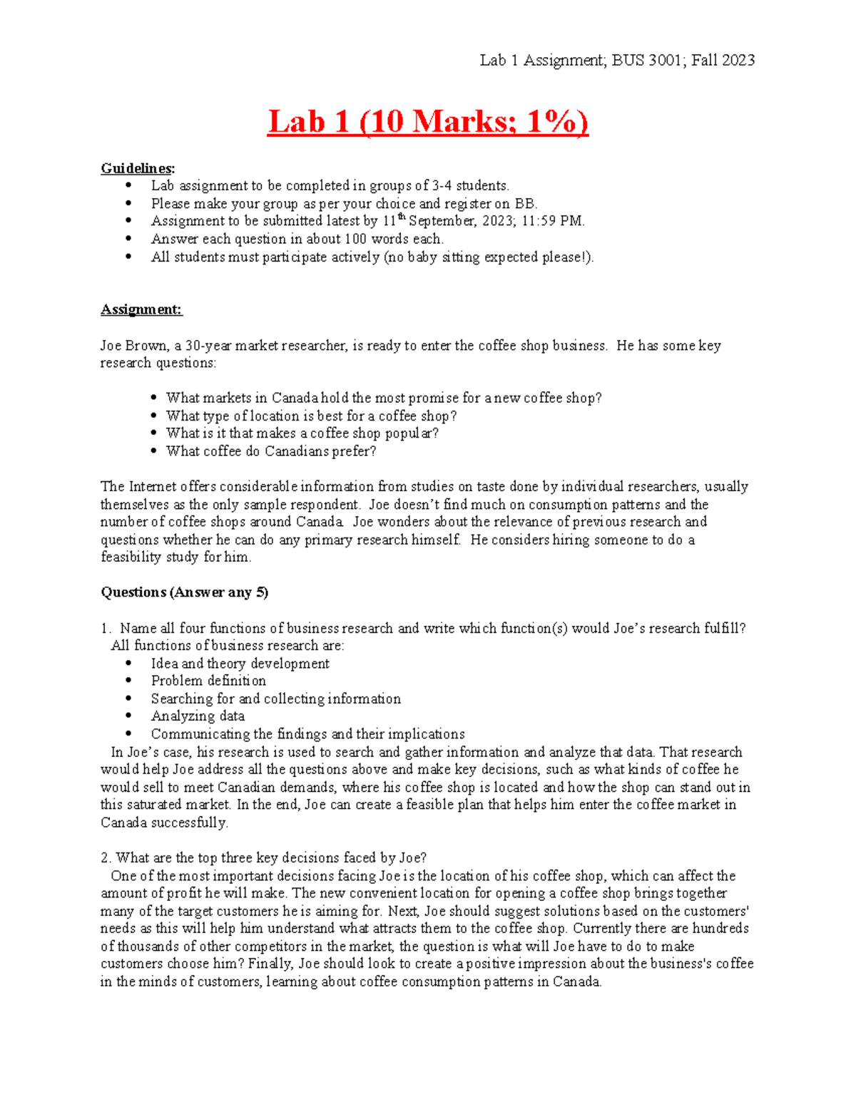 Lab 1 - Lab 1 - Lab 1 Assignment; BUS 3001; Fall 2023 Lab 1 (10 Marks; 1%) Guidelines: Lab - Studocu