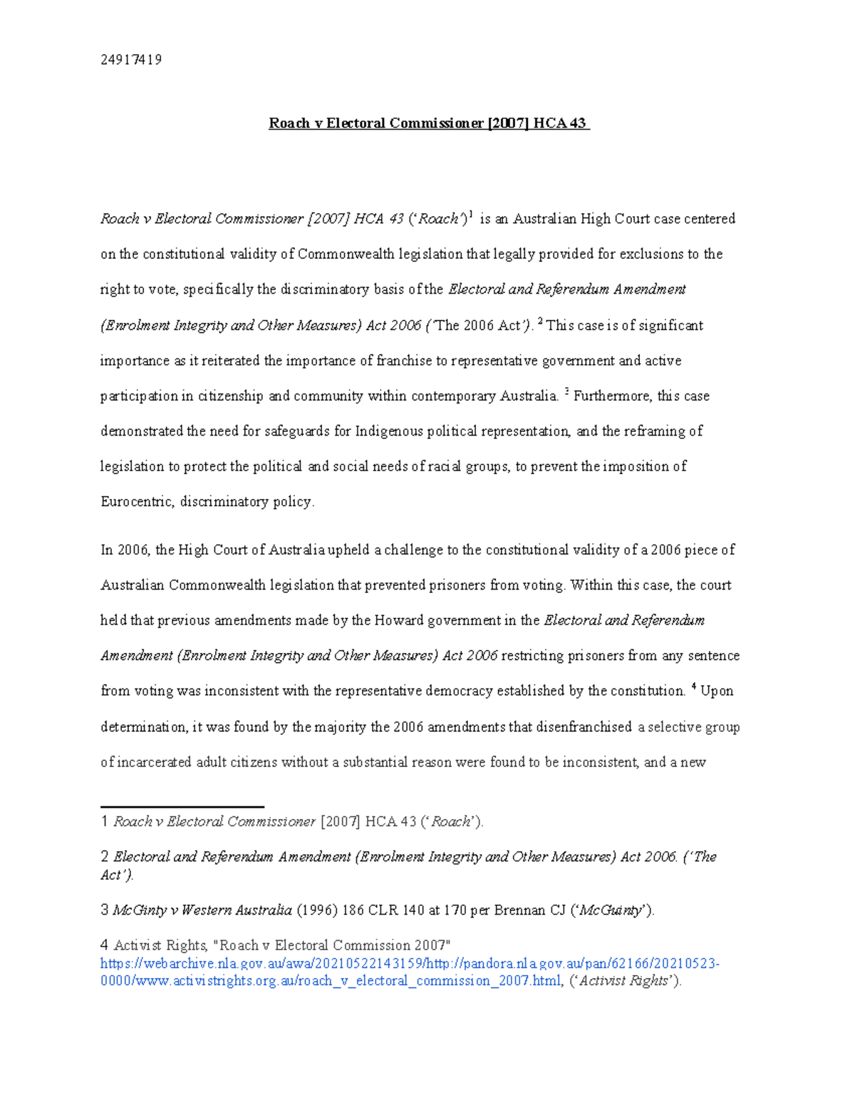 Indigenous Issues Roach V Electoral Commissioner 2007 Hca 43 Roach
