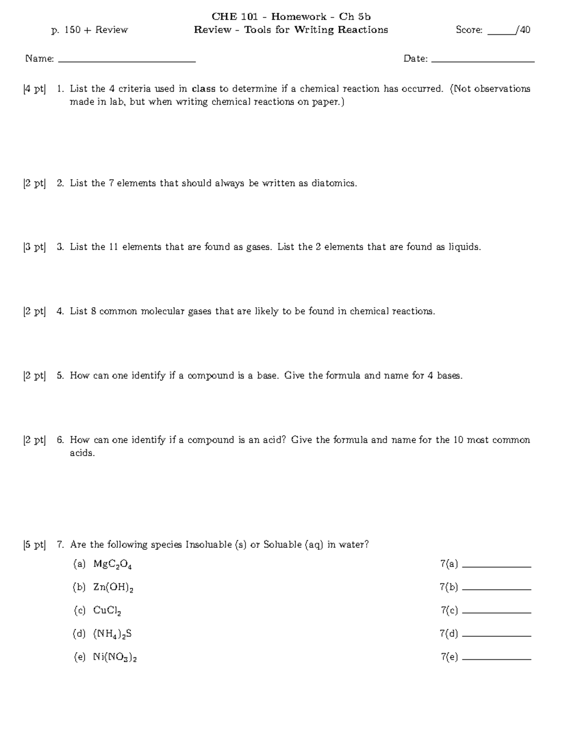 CHE101 Homework - Name:p. 150 + Review Review - Tools for Writing ...