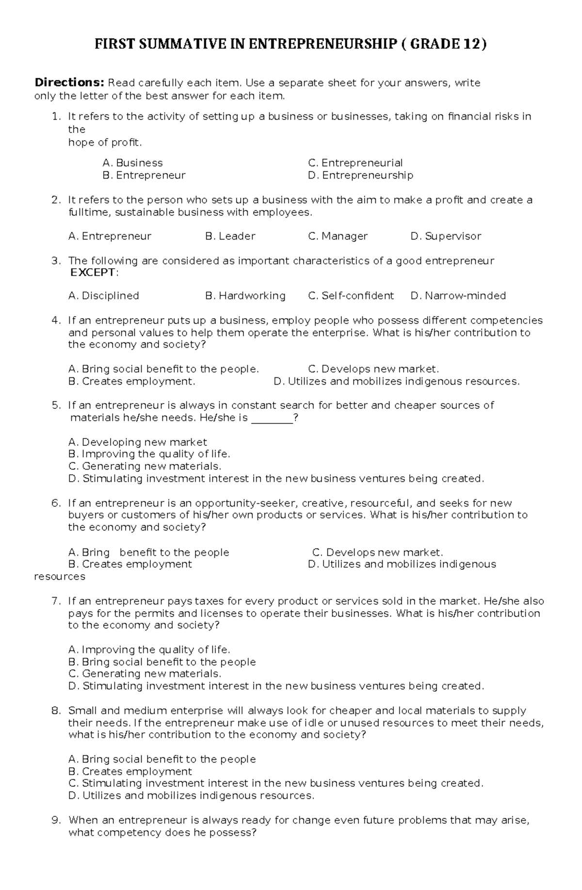 First Summative IN Entrepreneurship - FIRST SUMMATIVE IN ...