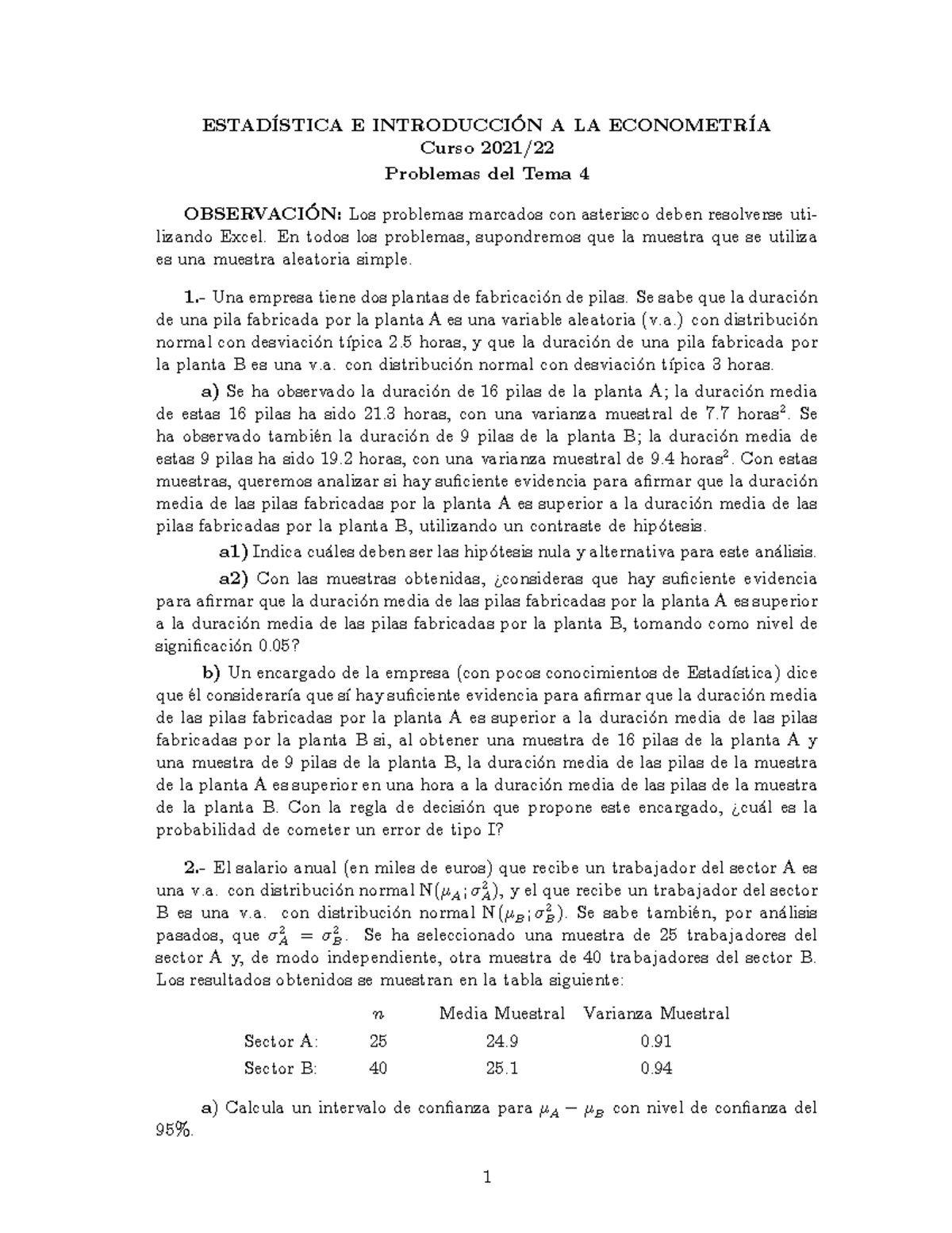 Problemas tema 4 estadistica e introduccion a la econometria - ESTADÕSTICA E INTRODUCCI”N A LA ...