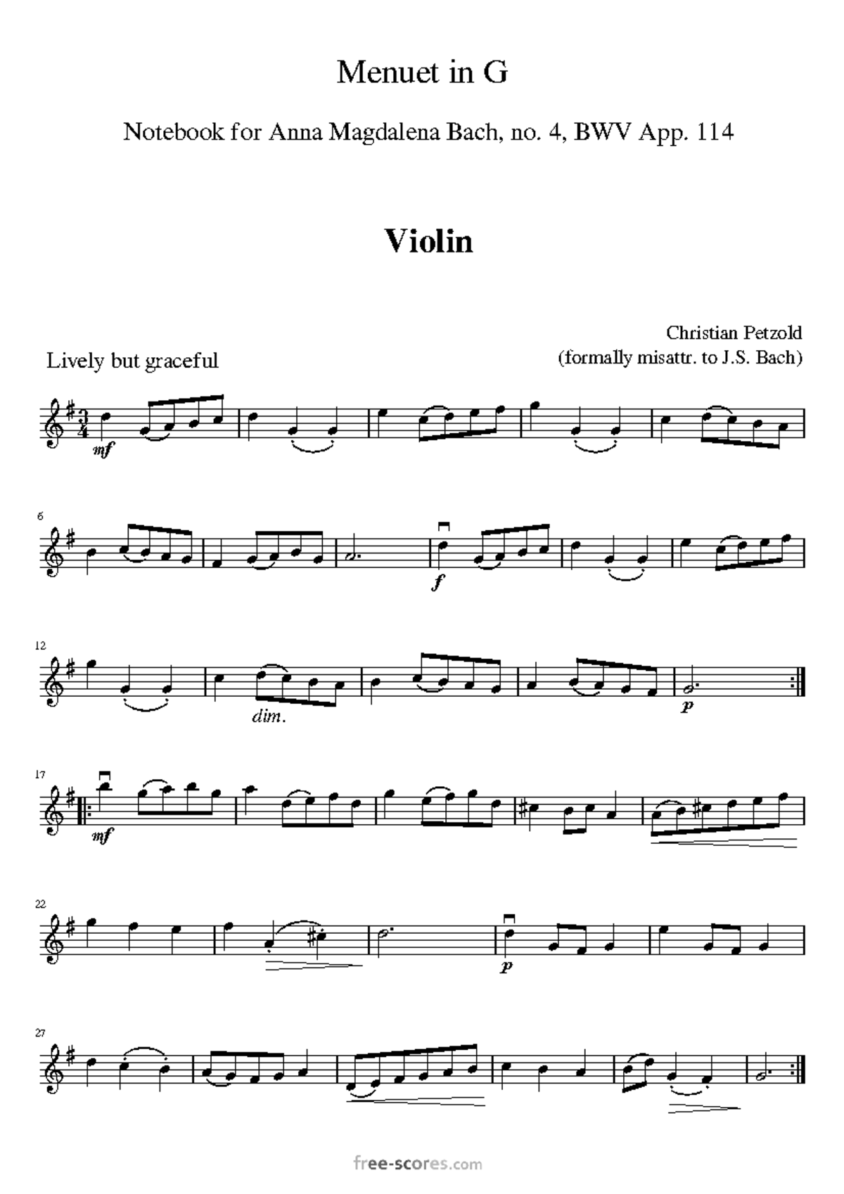 Menuet in G - Notebook for Anna Magdalena Bach, no. 4, BWV App. 114 ...