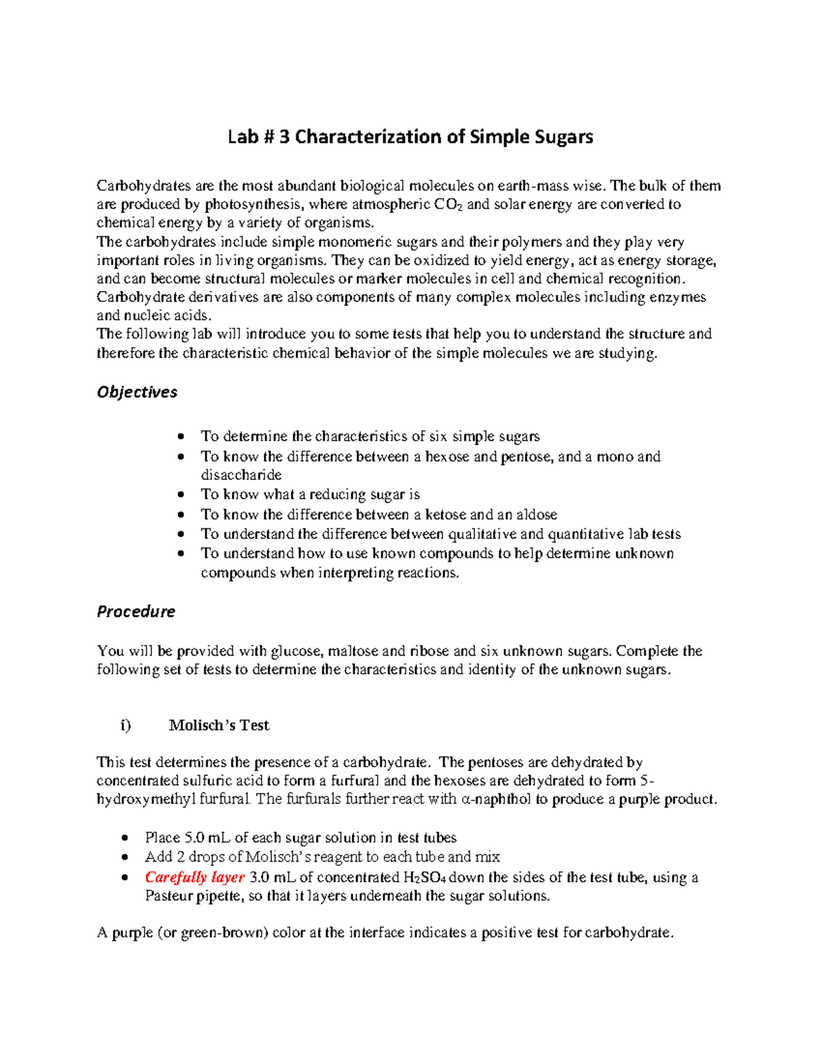 Characterization of Sugars - Lab # 3 Characterization of Simple Sugars ...