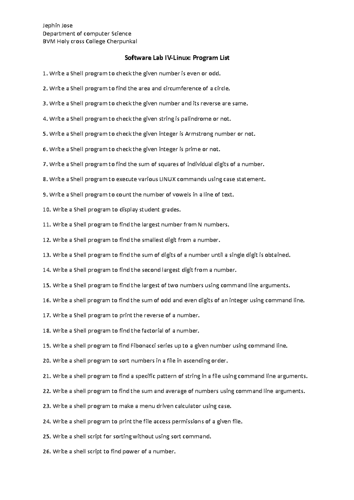 Linux Lab Questions Jephin Jose Department Of Computer Science Bvm