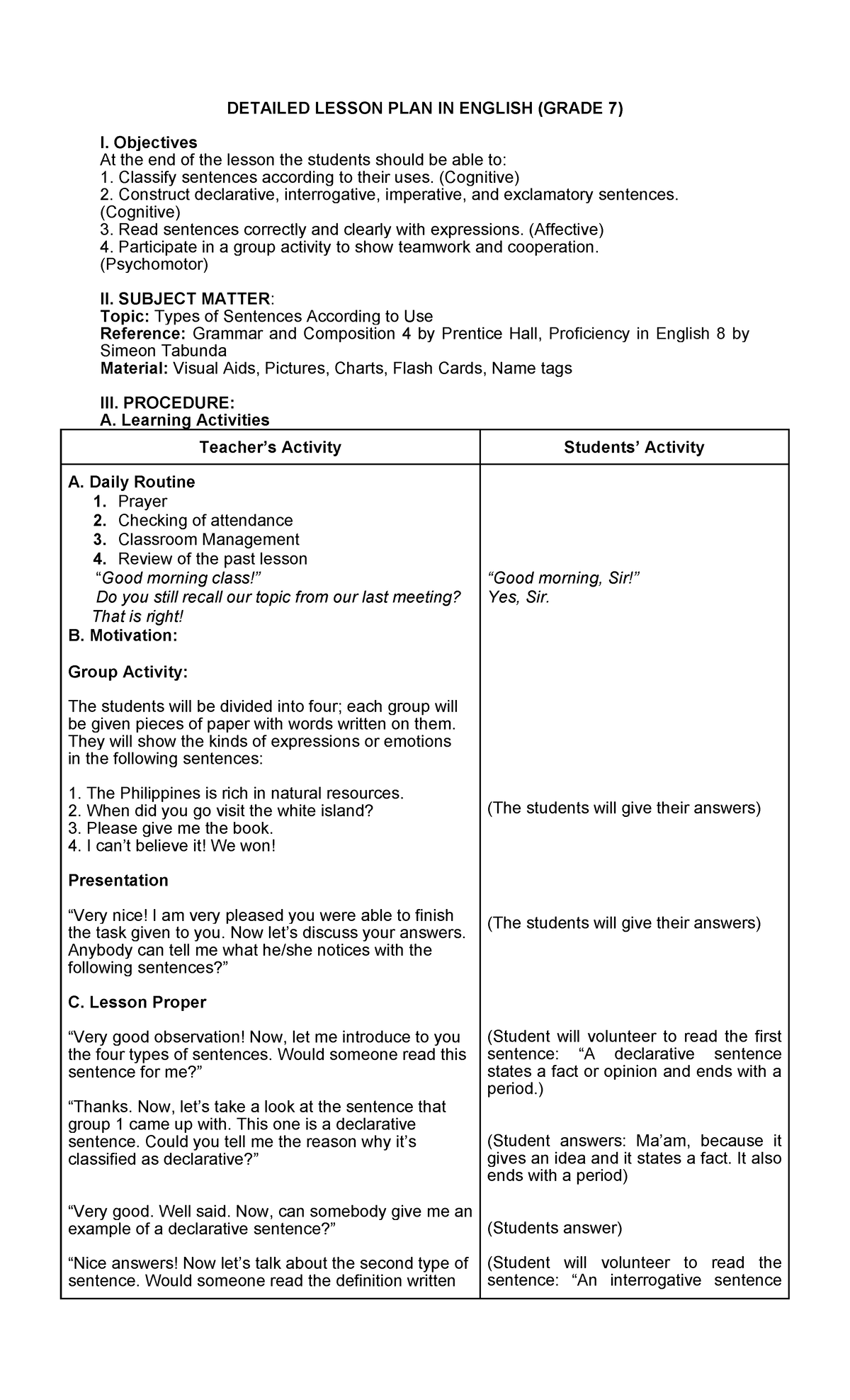 detailed LP in english - DETAILED LESSON PLAN IN ENGLISH (GRADE 7) I ...
