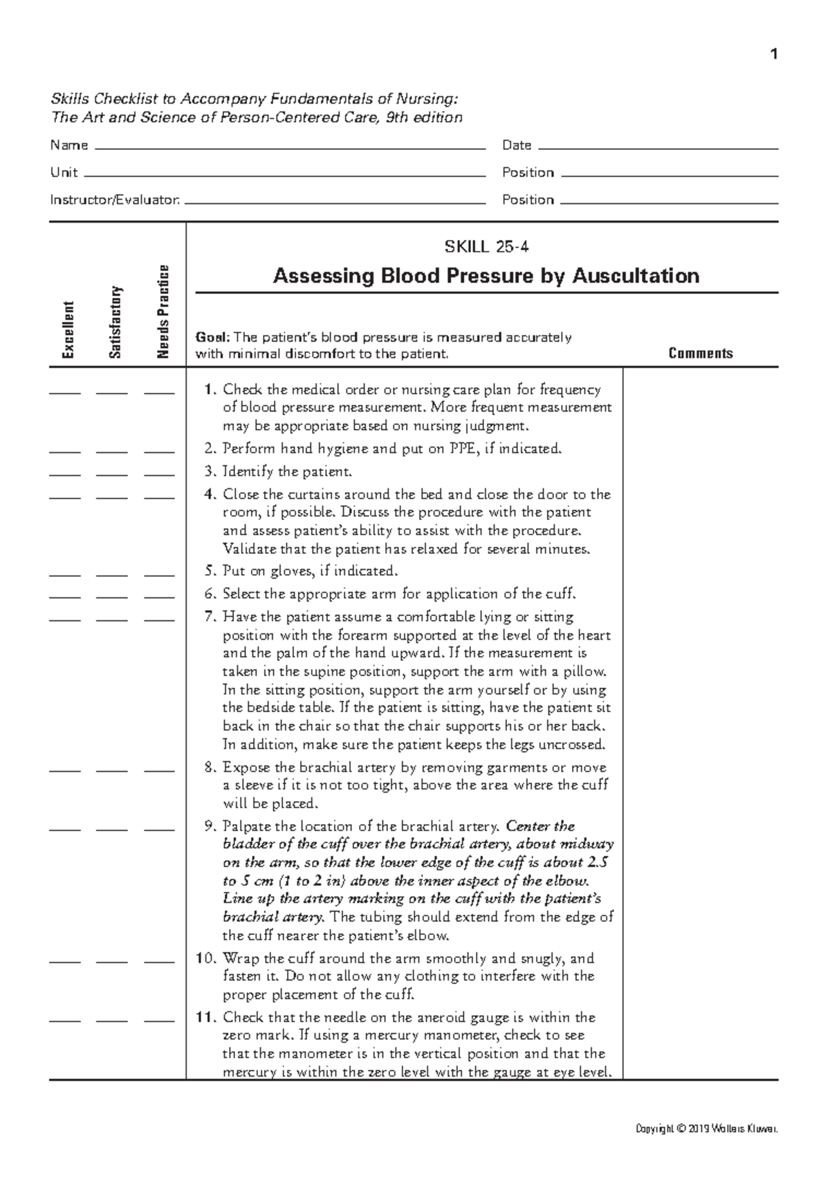 Assessing blood pressure - 1 Skills Checklist to Accompany Fundamentals ...
