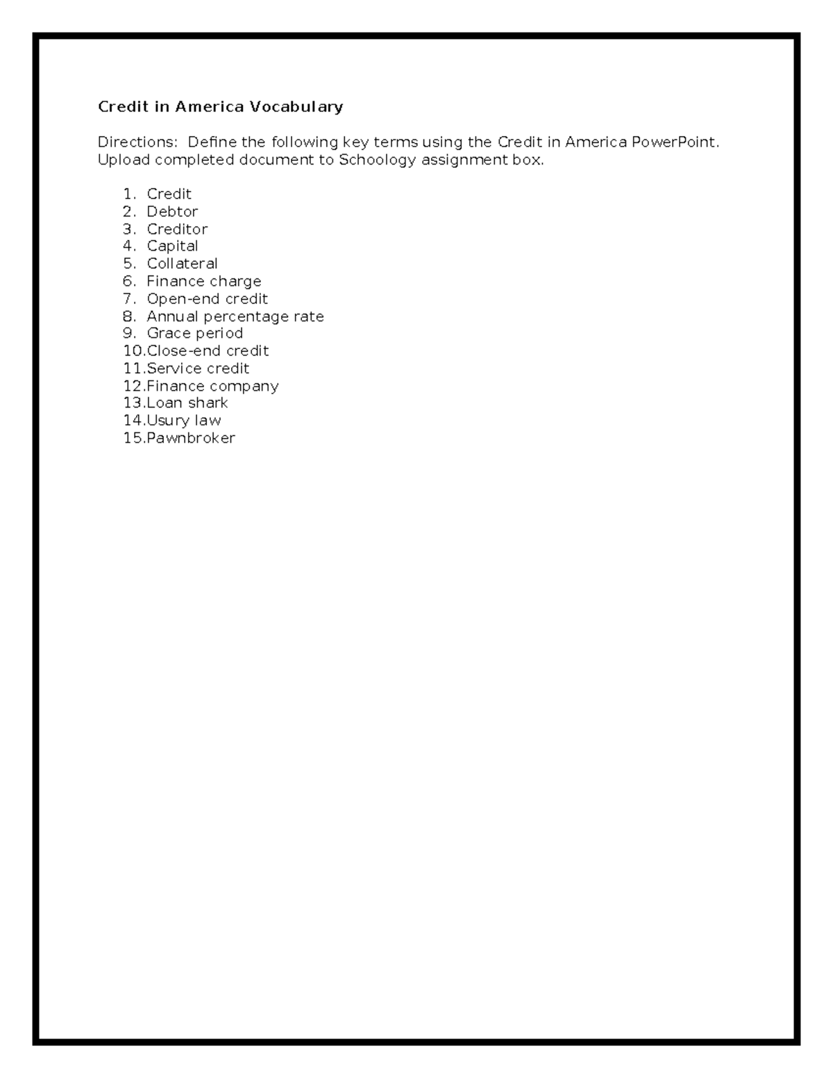 Credit in America Vocabulary - Credit in America Vocabulary Directions ...