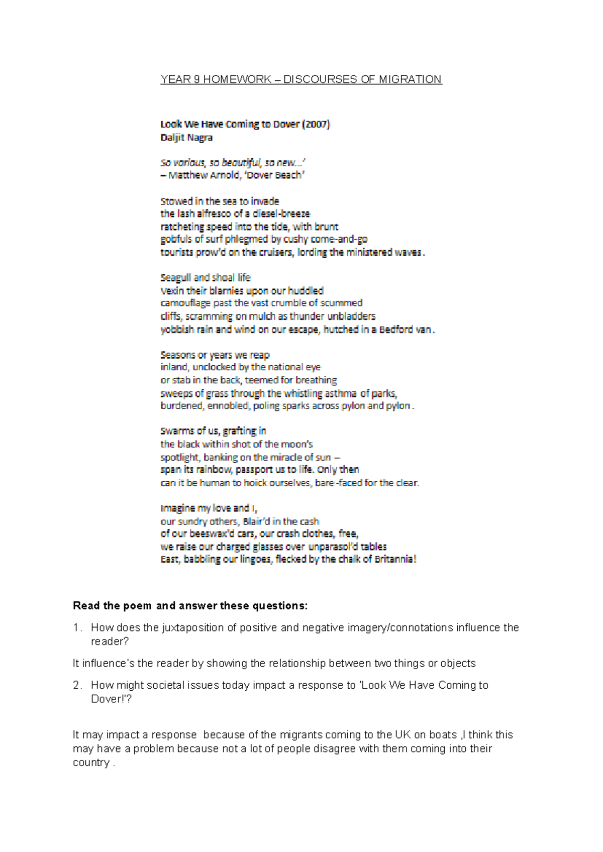 Year 9 Homework 3 - noiujb - YEAR 9 HOMEWORK – DISCOURSES OF MIGRATION ...
