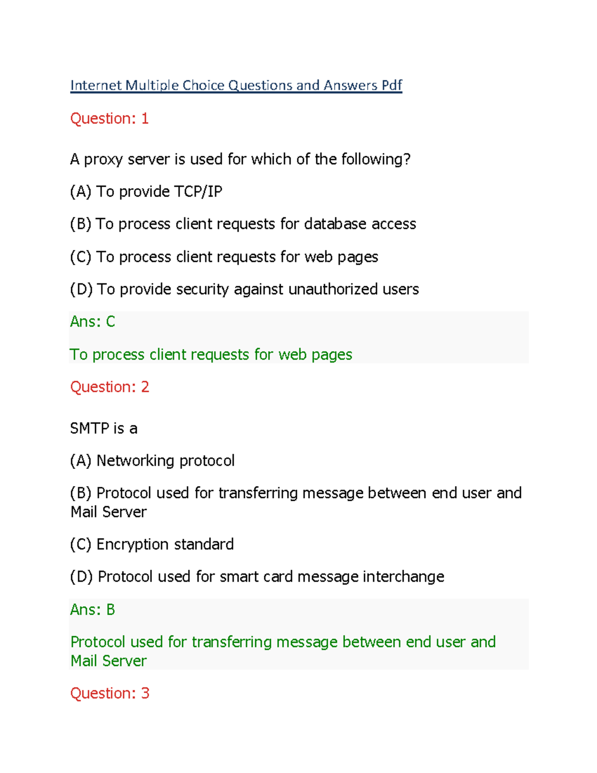 Internet multiple choice questions and answers - (A) Bus (B) Register ...