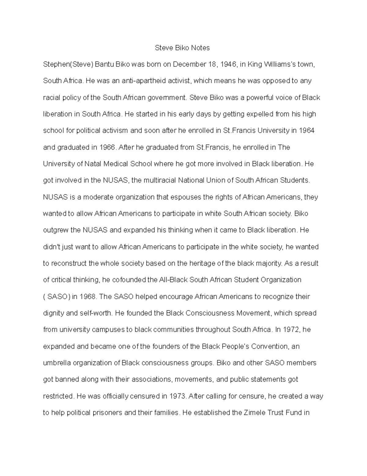 Steve Biko Notes - Steve Biko Notes Stephen(Steve) Bantu Biko was born ...