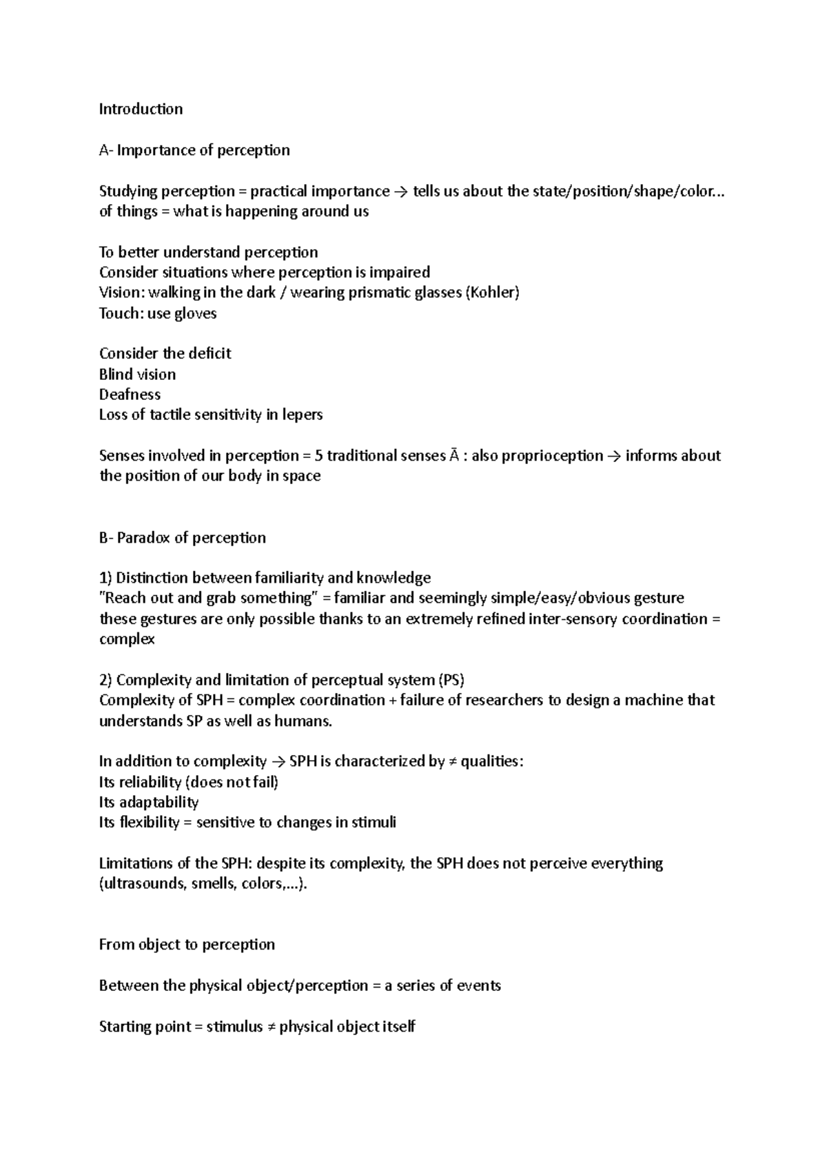 Introduction - Cognitive Psychology - Introduction A- Importance of perception Studying ...