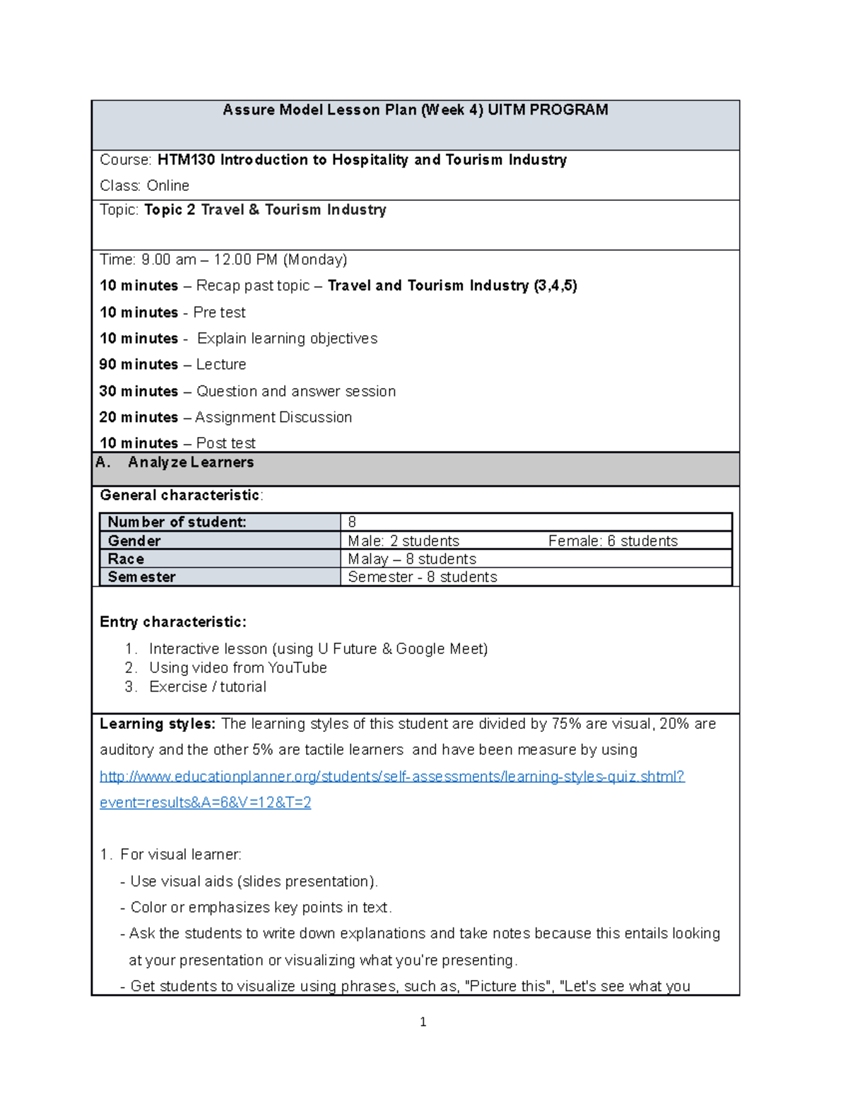 Lesson PLAN WEEK 4HTM 130 Introduction to Hospitality & Tourism ...