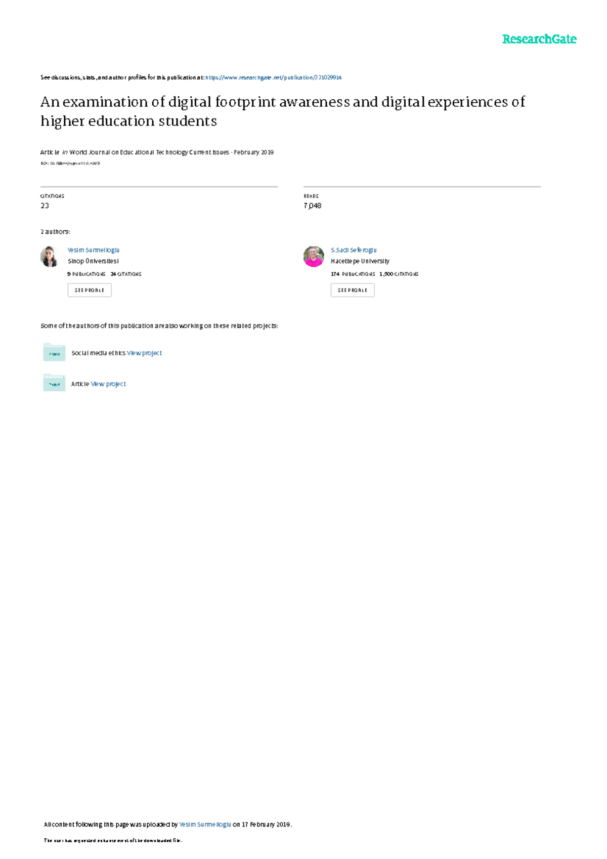 An examination of digital footprint awareness and - See discussions ...