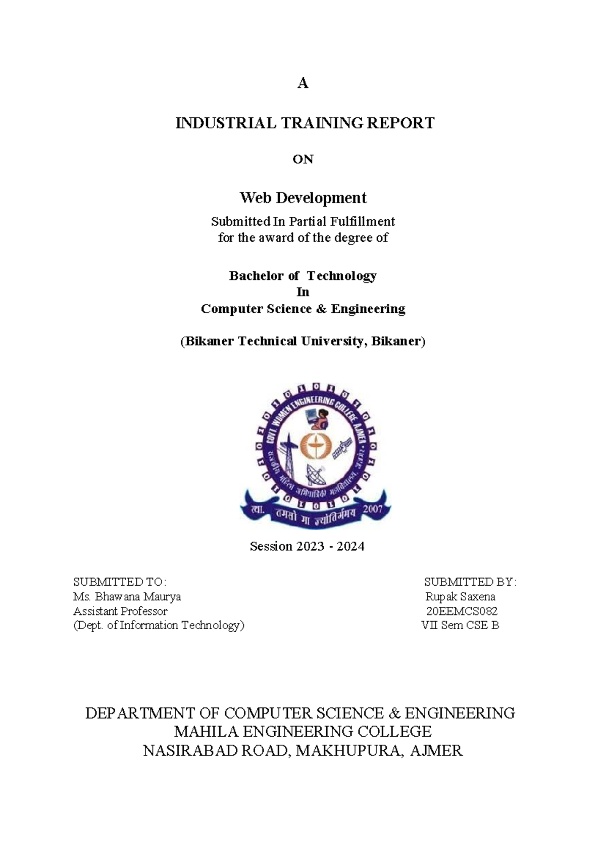 Reservation system report - A INDUSTRIAL TRAINING REPORT ON Web Development Submitted In Partial ...