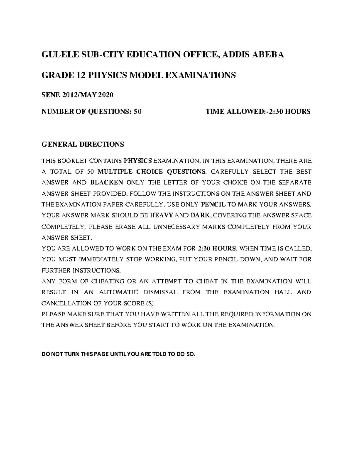 Physics Model Exam Grade 12 - GULELE SUB-CITY EDUCATION OFFICE, ADDIS ...