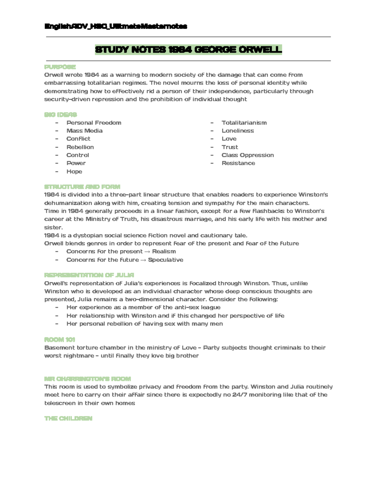 English ADV HSC Ulitmate Masternotes - STUDY NOTES 1984 GEORGE ORWELL ...