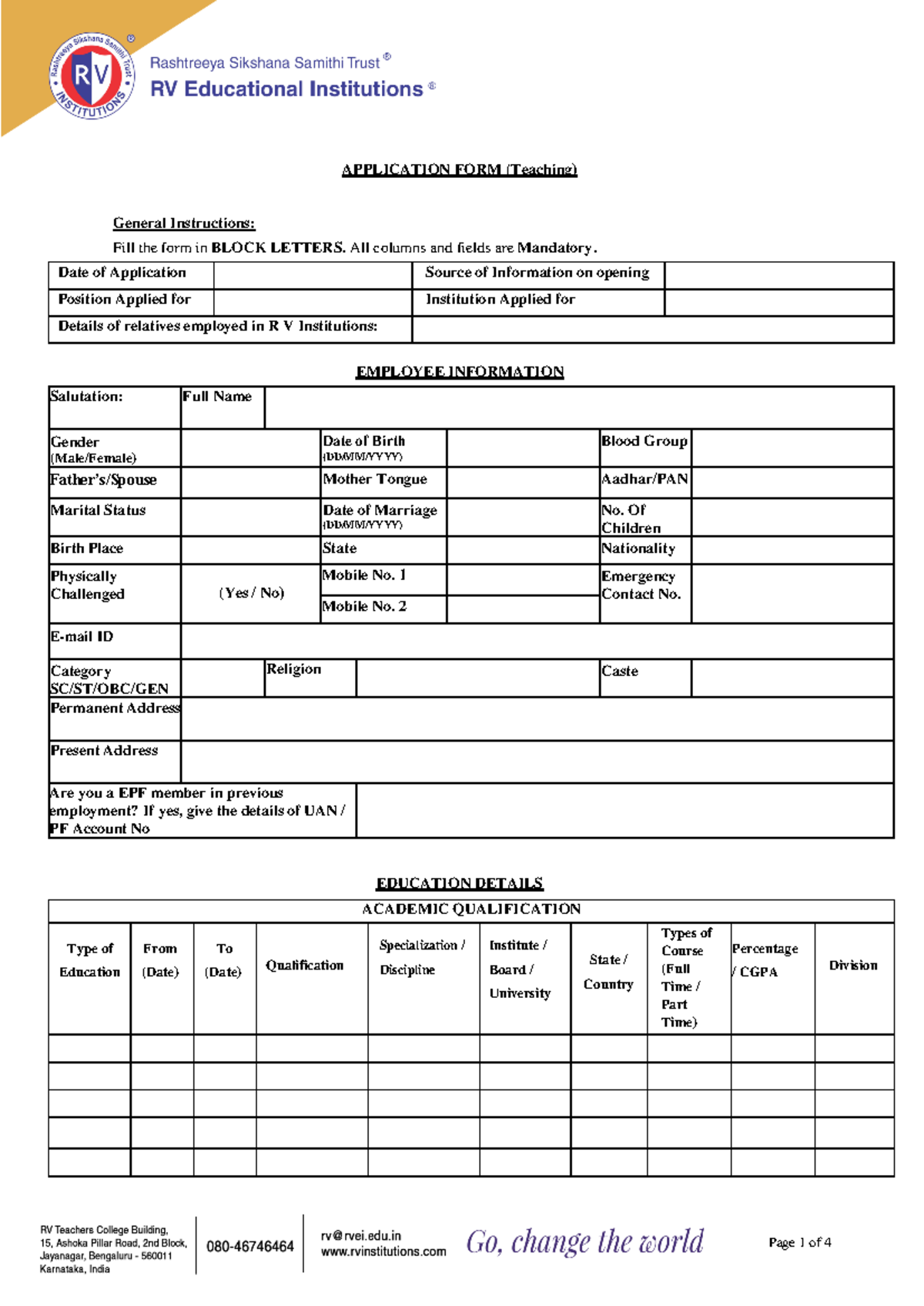 Application FORM - RV - Teaching - APPLICATION FORM (Teaching) General ...