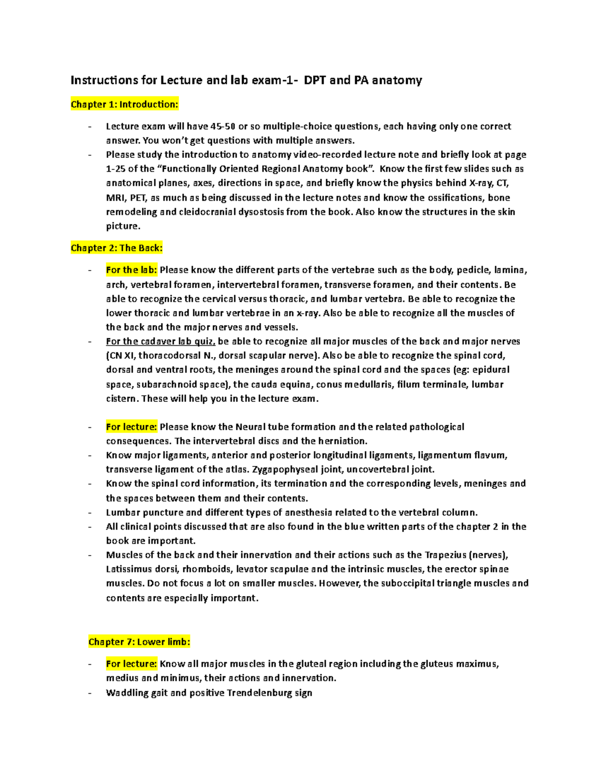 Instructions for Lecture exam-1 - Instructions for Lecture and lab exam-1- DPT and PA anatomy ...