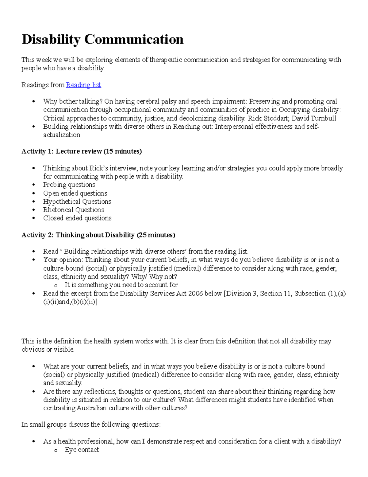 Disability Communication - Readings from Reading list Why bother ...