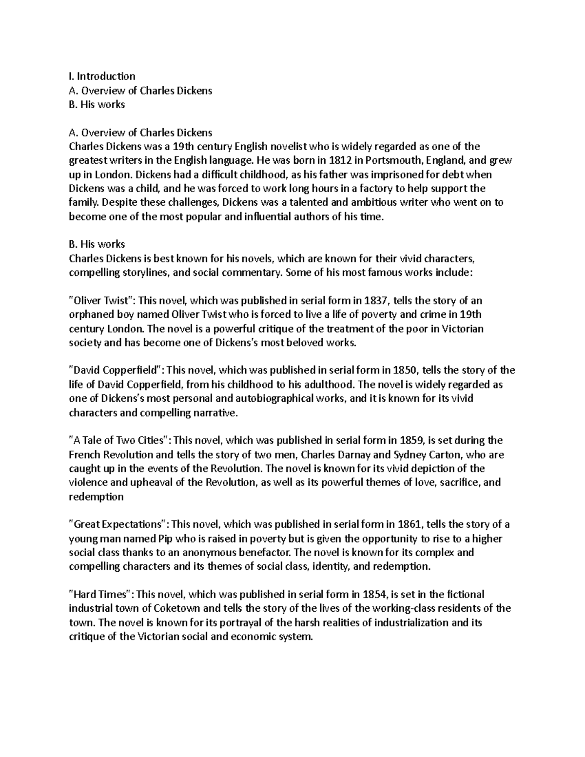 Charles Dickens; Intro and Overview - I. Introduction A. Overview of ...