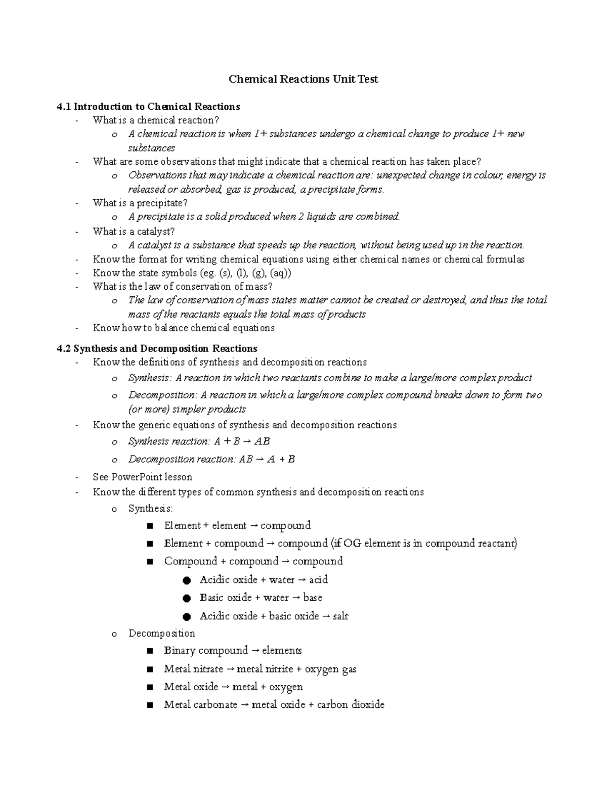 Chem Test 2 Review Chemical Reactions - Chemical Reactions Unit Test 4 ...